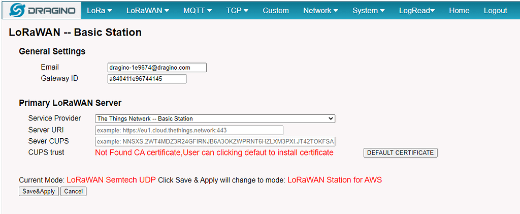 Dragino gateway -- support TTN Basic Station - The Things Stack v3 - The Things Network